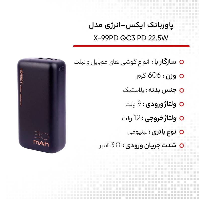 قیمت و خرید پاوربانک ایکس-انرژی مدل X-99PD QC3 PD 22.5W ظرفیت 30000 میلی آمپرساعت