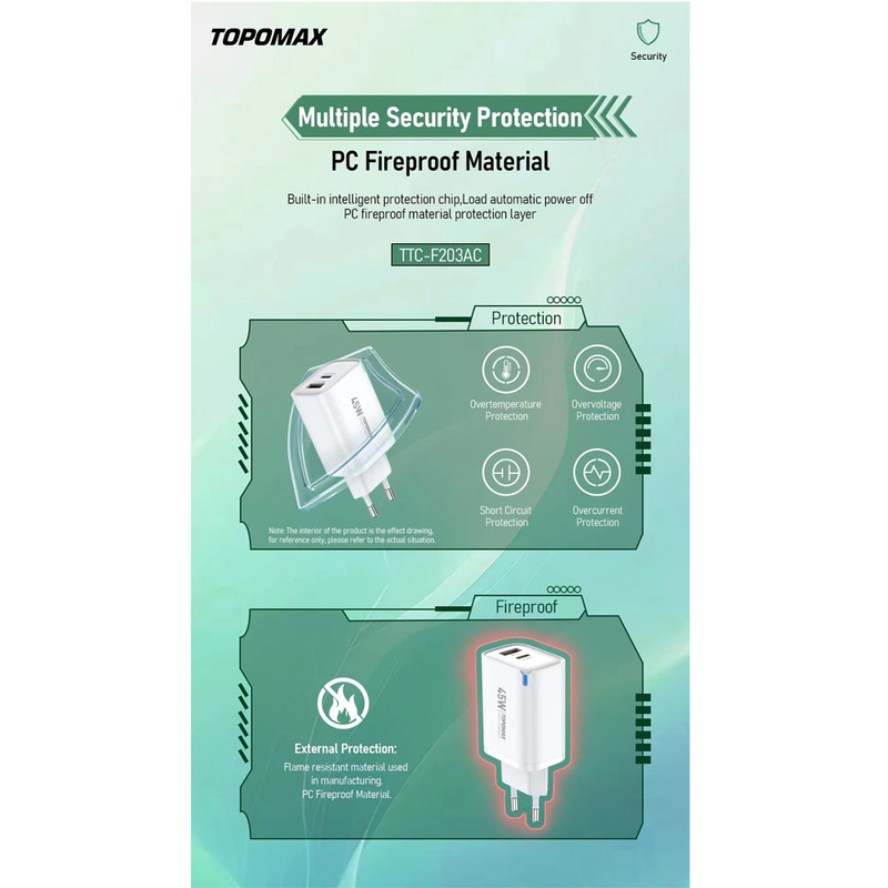 قیمت و خرید شارژر دیواری 45 وات تاپ مکس مدل TTC-45W 2PORT به همراه کابل تبدیل USB-C