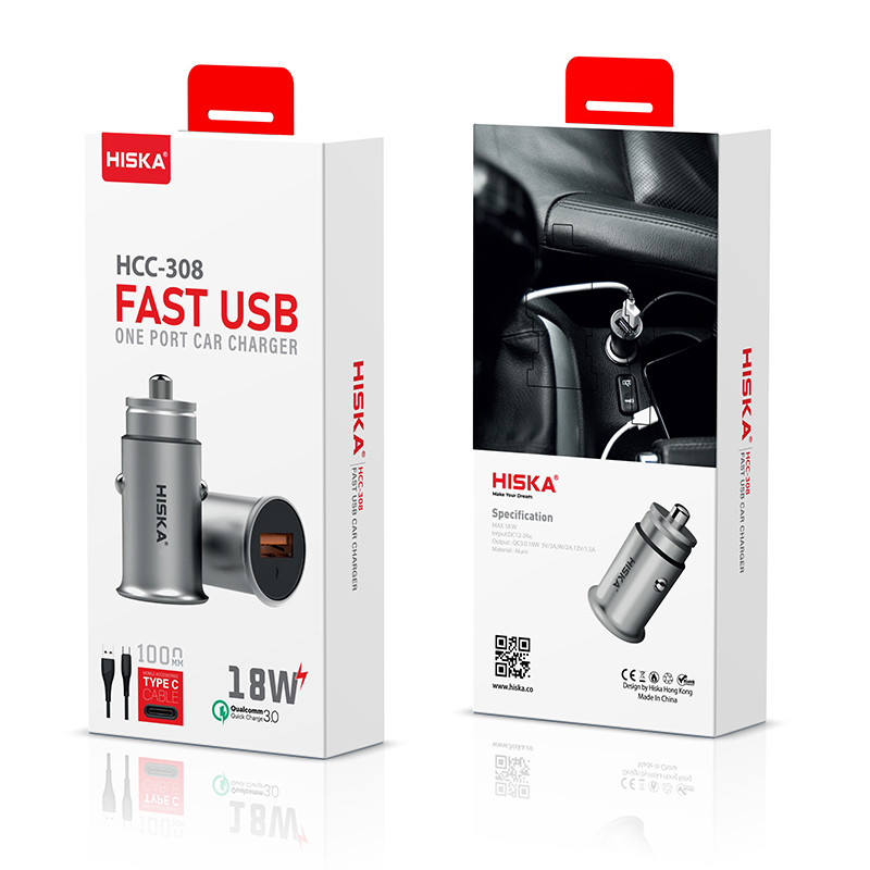 قیمت و خرید شارژر فندکی 18وات هیسکا مدل HCC-308 به همراه کابل تبدیل USB-C