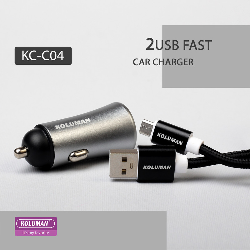 قیمت و خرید شارژر فندکی کلومن مدل KC - C04 به همراه کابل MICROUSB