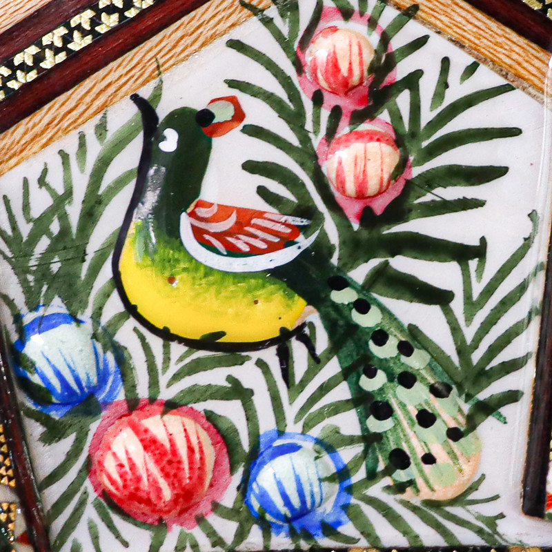قیمت و خرید ساعت دیواری خاتم کاری مدل خورشیدی طرح گل و مرغ برجسته کد
