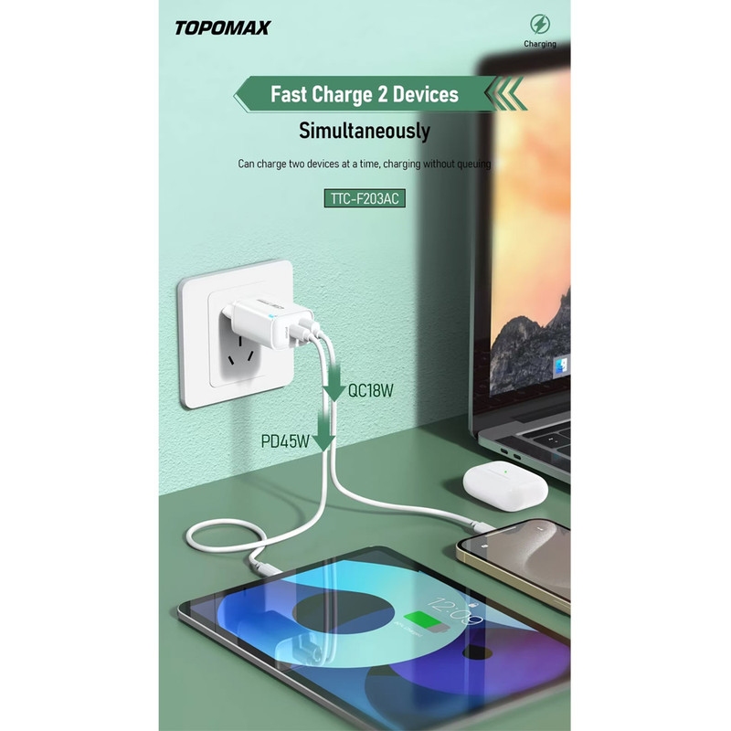 قیمت و خرید شارژر دیواری 45 وات تاپ مکس مدل TTC-45W 2PORT به همراه کابل تبدیل USB-C