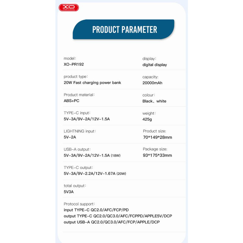 قیمت و خرید پاوربانک ایکس او مدل pr192 ظرفیت 20000 میلی آمپر ساعت