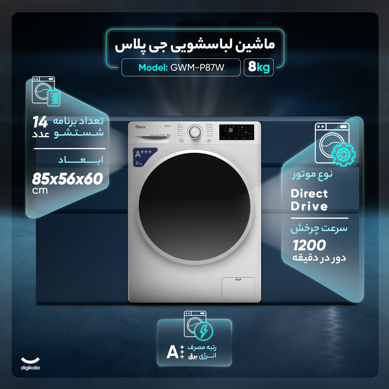 قیمت و خرید ماشین لباسشویی اتوماتیک جی پلاس مدل GWM-P87W ظرفیت 8 کیلوگرم