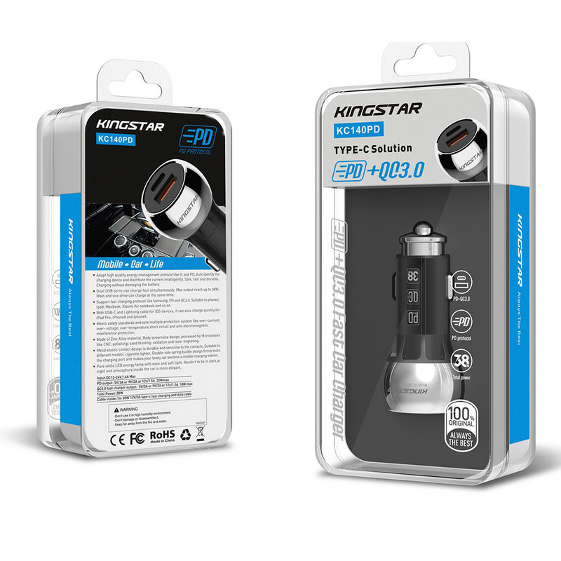 قیمت و خرید شارژر فندکی 38 وات کینگ استار مدل KC140 PD به همراه کابل USB-C