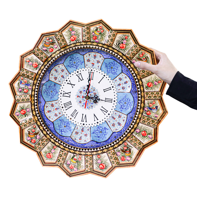 قیمت و خرید ساعت دیواری خاتم کاری مدل خورشیدی طرح گل و مرغ برجسته کد