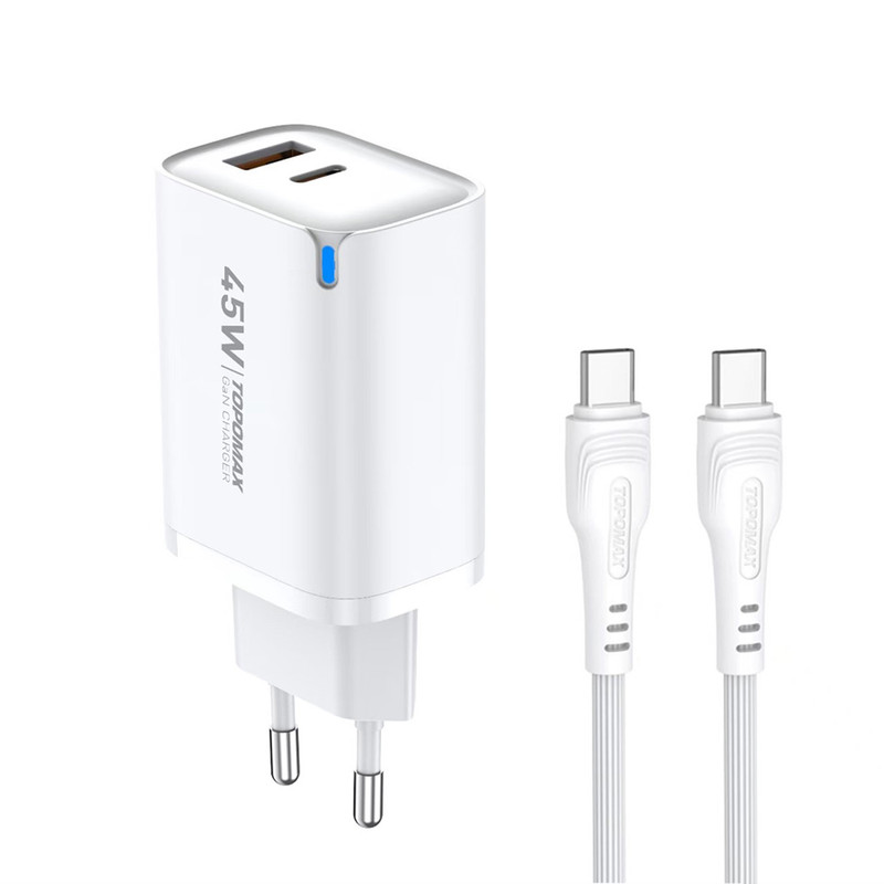 قیمت و خرید شارژر دیواری 45 وات تاپ مکس مدل TTC-45W 2PORT به همراه کابل تبدیل USB-C