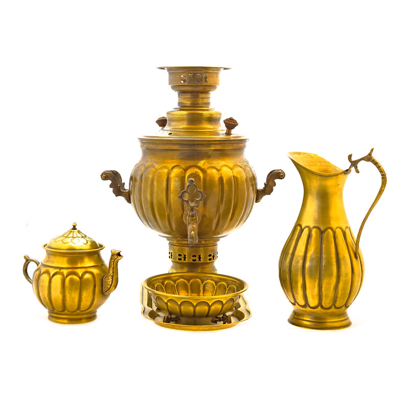 قیمت و خرید سرویس سماور ذغالی 5 پارچه برنجی مدل توپی کد 2877