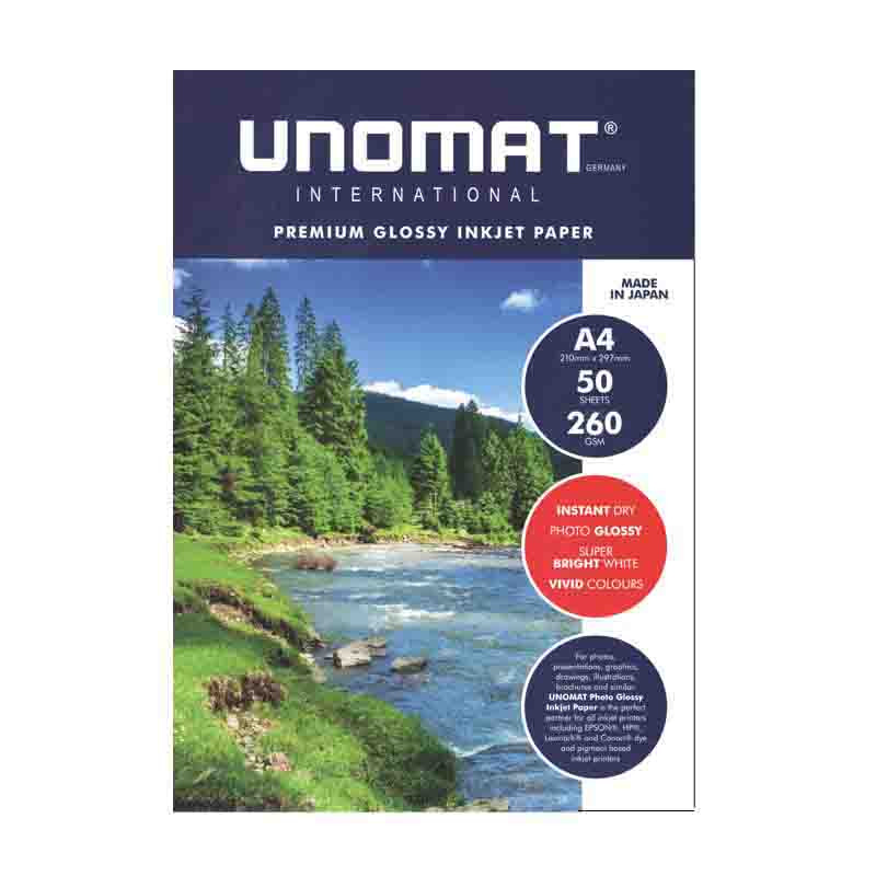 قیمت و خرید کاغذ چاپ عکس فتوگلاسه یونومات سری پریمیوم مدل 260g سایز A4 بسته 50 عددی