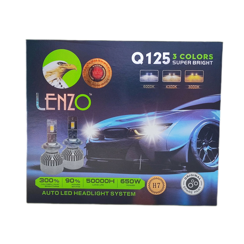 قیمت و خرید هدلایت لامپ خودرو لنزو مدل Q125 سه رنگ پایه H7 بسته دو عددی