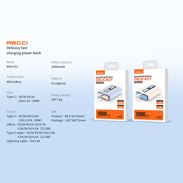 قیمت و خرید پاوربانک رسی مدل RPB-P12 22.5W ظرفیت 10000 میلی آمپر ساعت