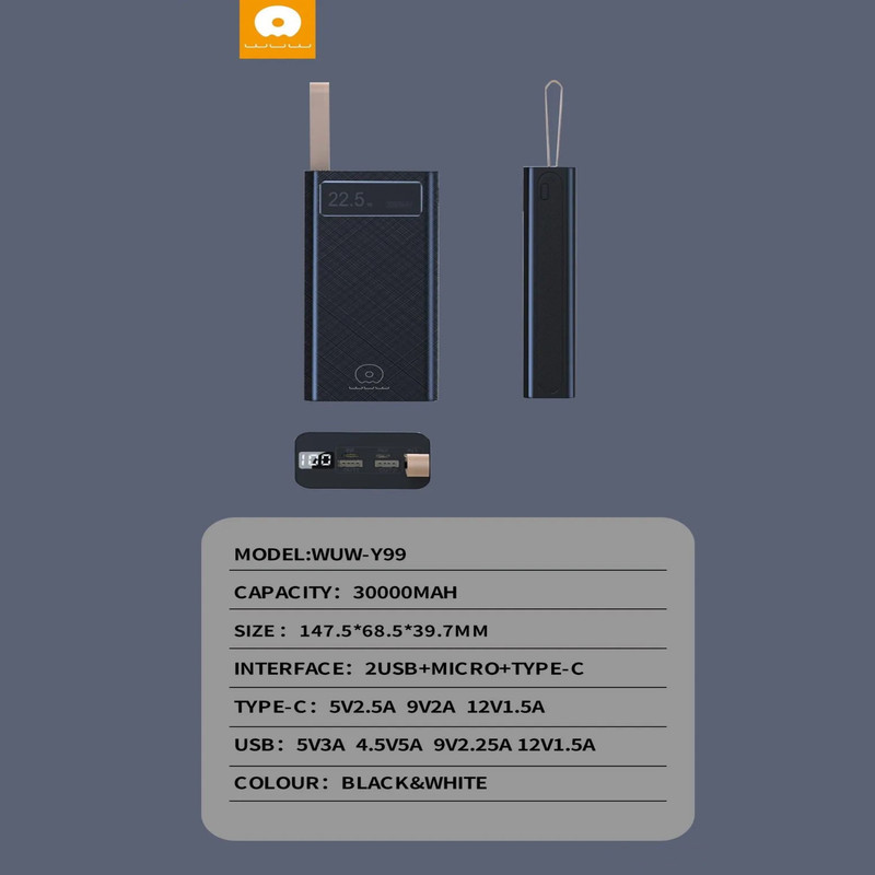 قیمت و خرید پاوربانک دبلیو یو دبلیو مدل Y99 ظرفیت 30000 میلی‌ آمپر ساعت
