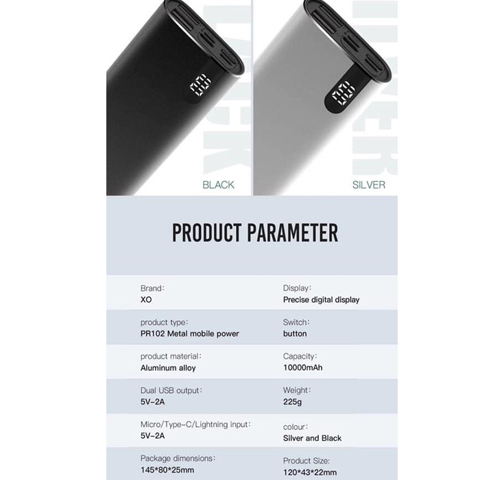 قیمت و خرید پاوربانک ایکس او مدل PR102 ظرفیت 10000 میلی آمپر ساعت