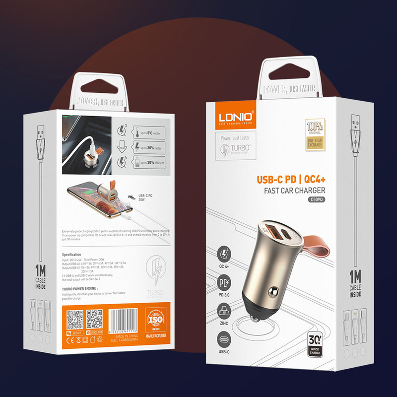 قیمت و خرید شارژر فندکی الدینیو مدل C509Q به همراه کابل لایتنینگ