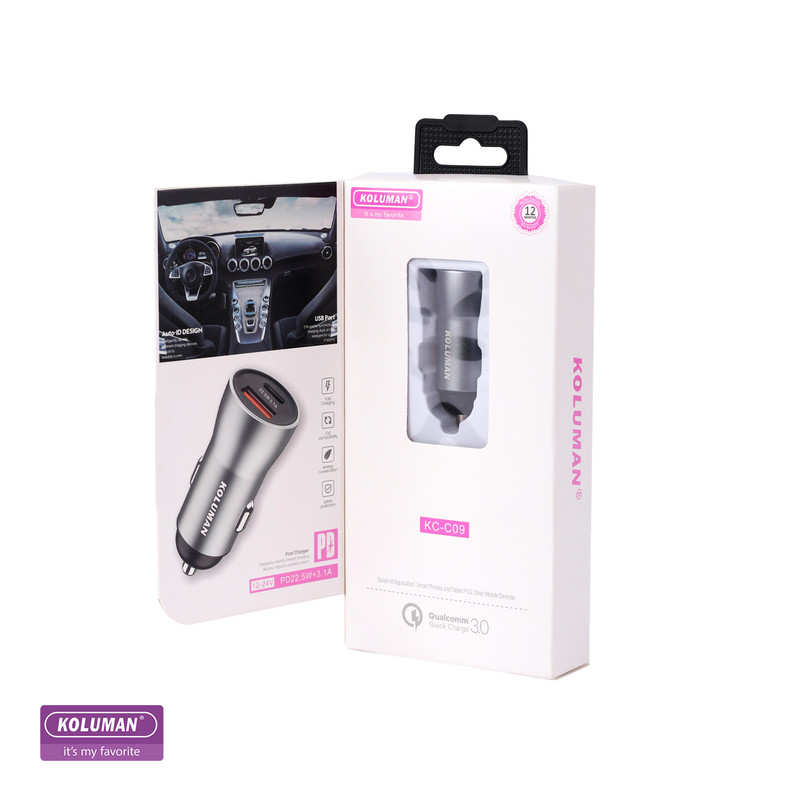 قیمت و خرید شارژر فندکی 22.5 وات کلومن مدل KC-C09 به همراه کابل تبدیل TYPE-C