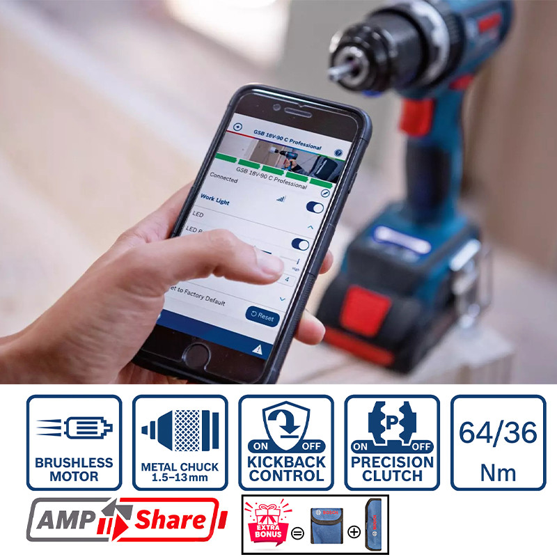 قیمت و خرید دریل پیچ گوشتی چکشی شارژی بوش مدل هوشمند GSB 18V-90C 5Ah