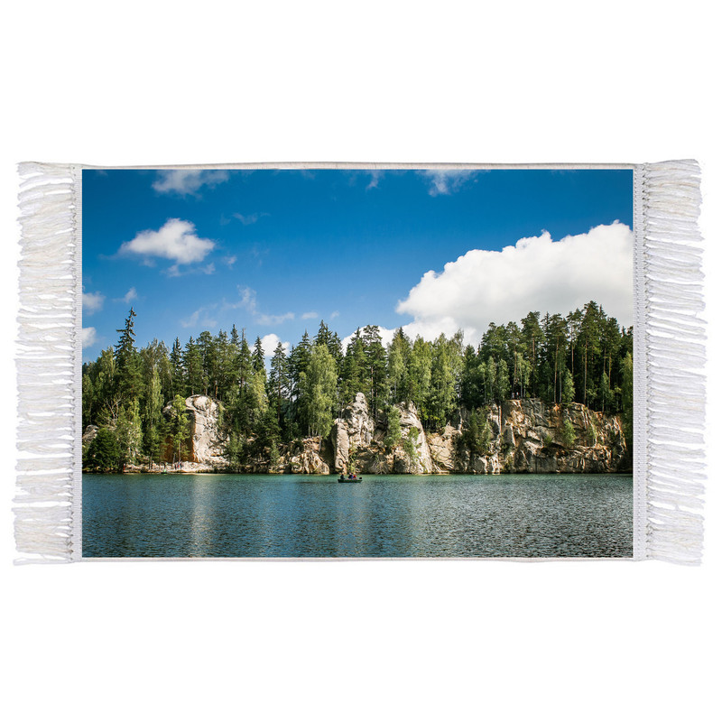 قیمت و خرید فرش ماشینی دیوارکوب اطلس آبی مدل منظره جنگل و دریا مدل T1181