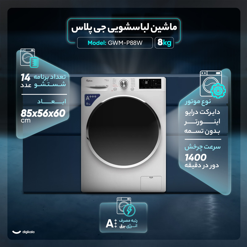 قیمت و خرید ماشین لباسشویی 8 کیلوگرم اتوماتیک جی پلاس مدل GWM-P88W