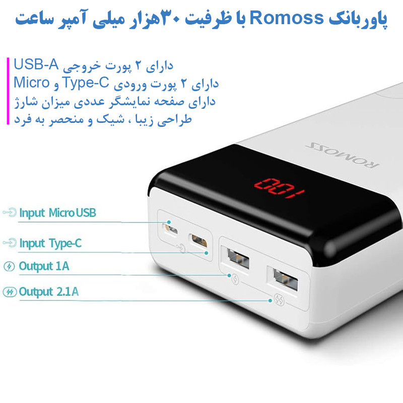 قیمت و خرید پاوربانک روموس مدل PLT-30 ظرفیت 30000 میلی آمپر ساعت